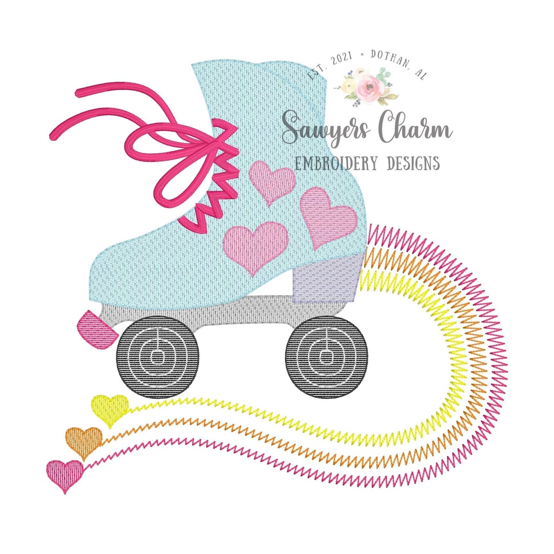 Retro Roller Skate With Hearts Sketch Stitch Machine Embroidery Design ...