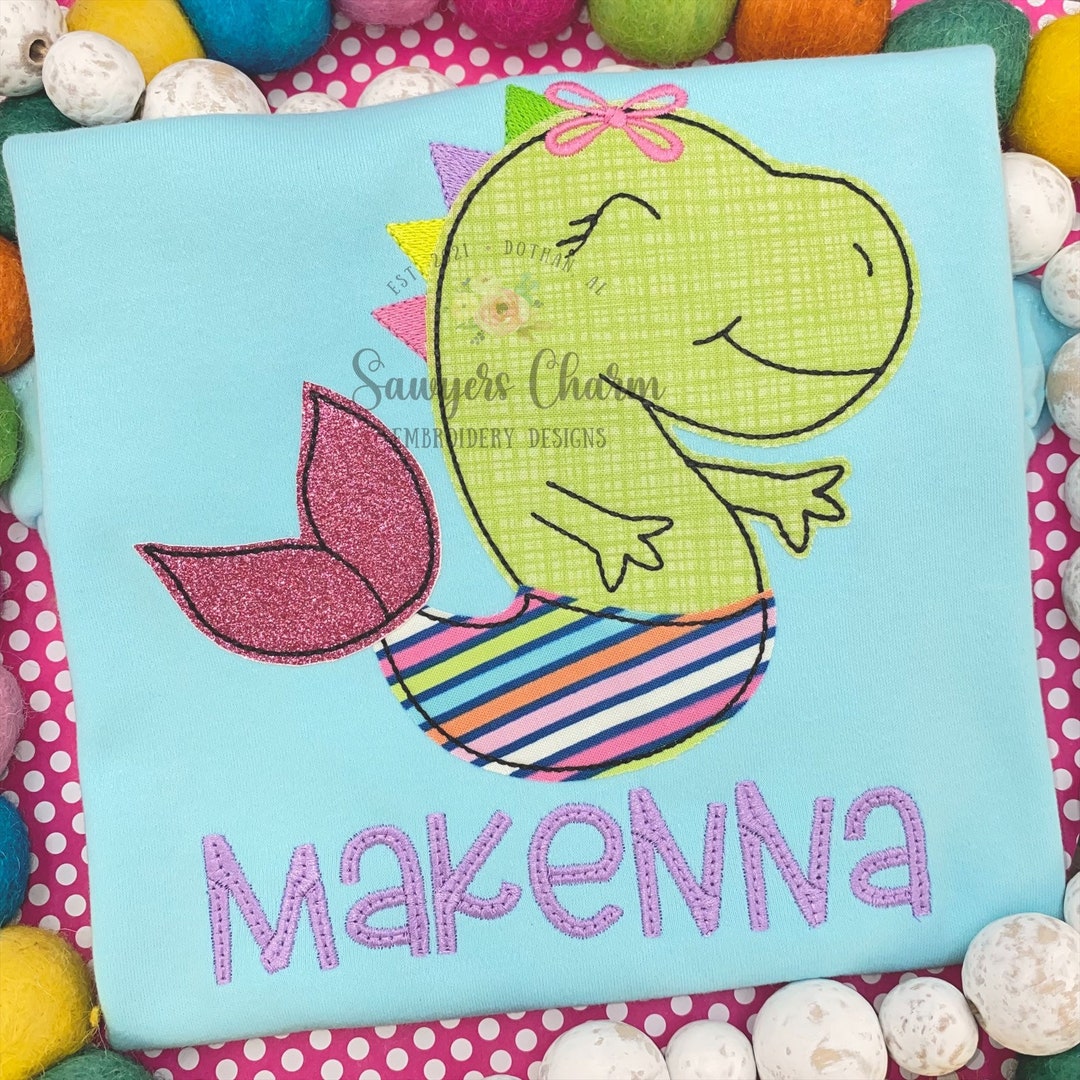 Dinosaur Mermaid Bean Stitch Applique, Machine Embroidery Design, Sea ...