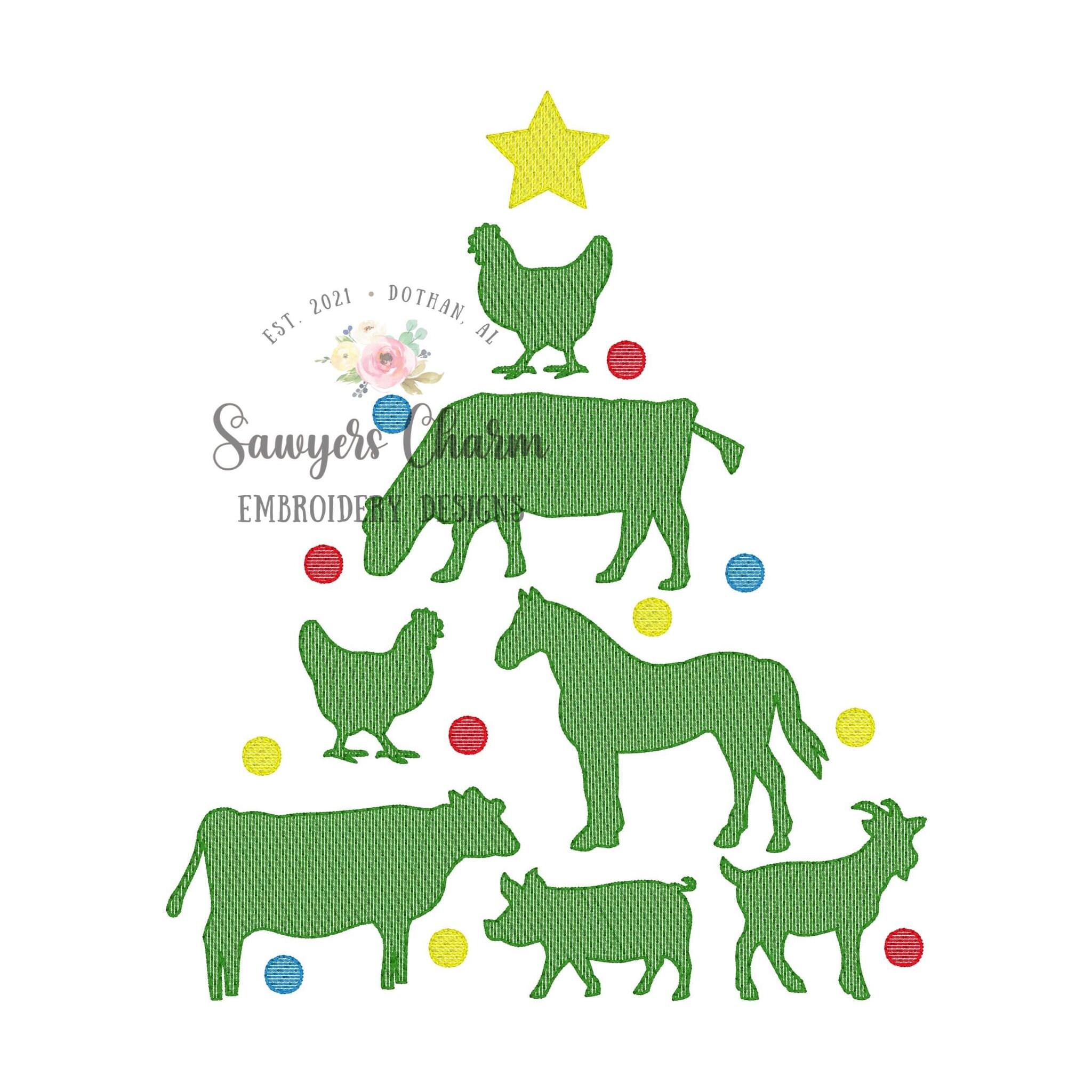 Farm Animals Christmas Tree With Star Sketch Stitch Machine Embroidery ...