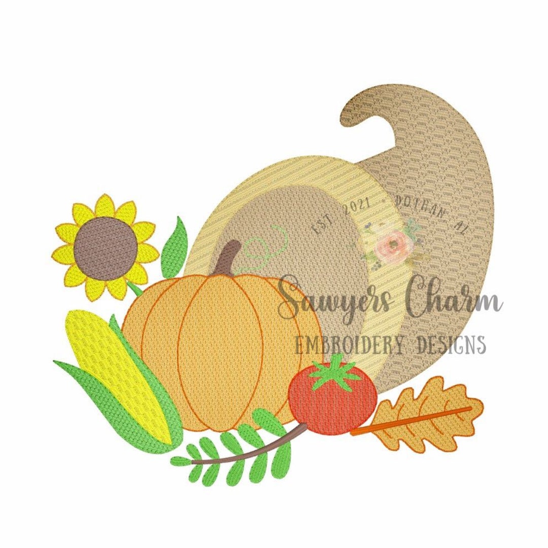 Cornucopia Sketch Stitch Embroidery Design, Thanksgiving Horn of Plenty ...