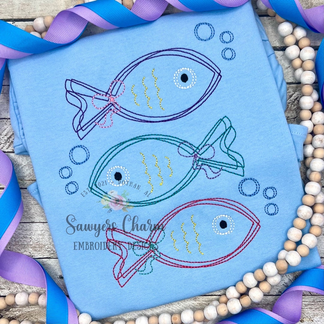 BUNDLE Squiggly Fish in Water With Bubbles Trio With/without Bows, Bean Stitch Machine ...