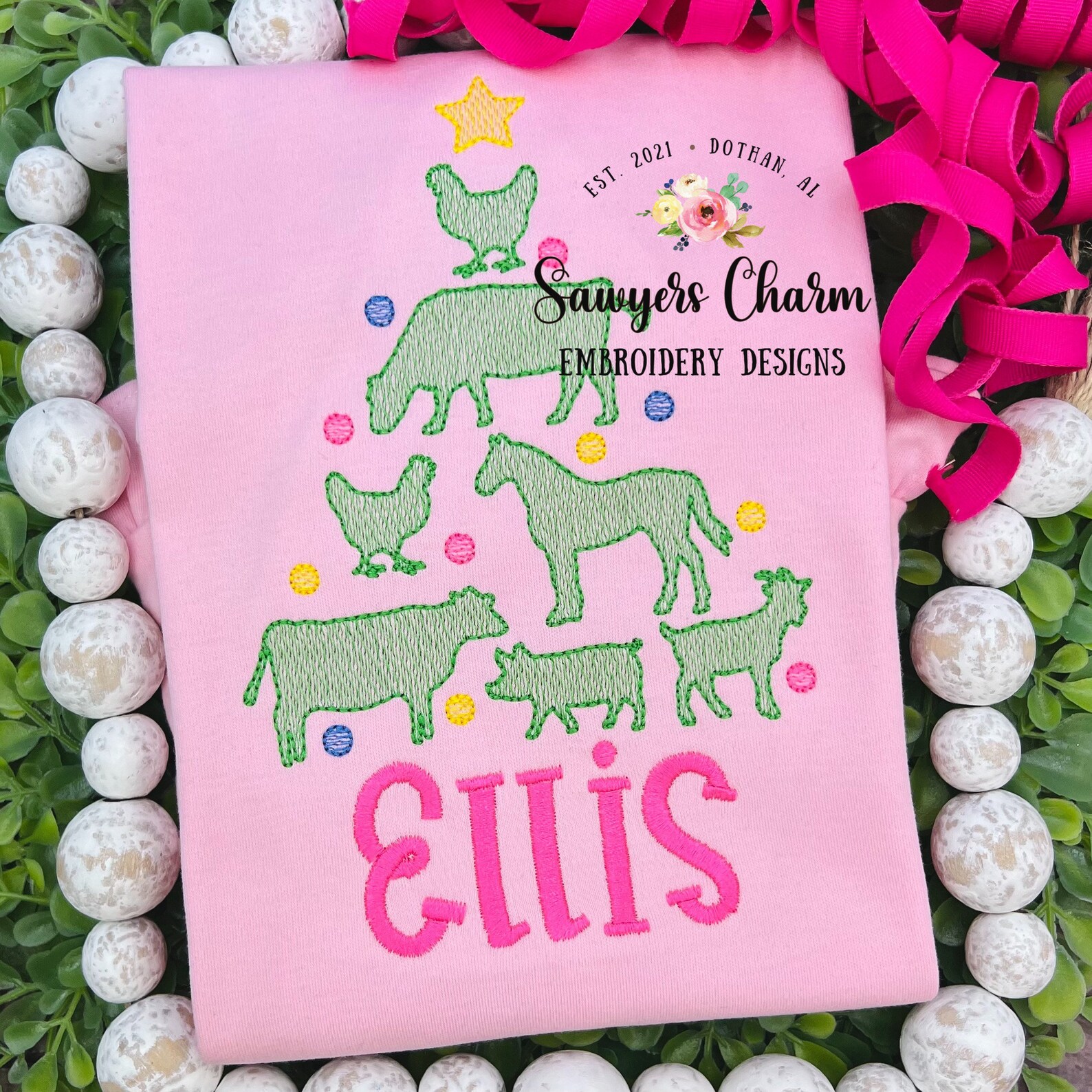 Farm Animals Christmas Tree With Star Sketch Stitch Machine Embroidery ...