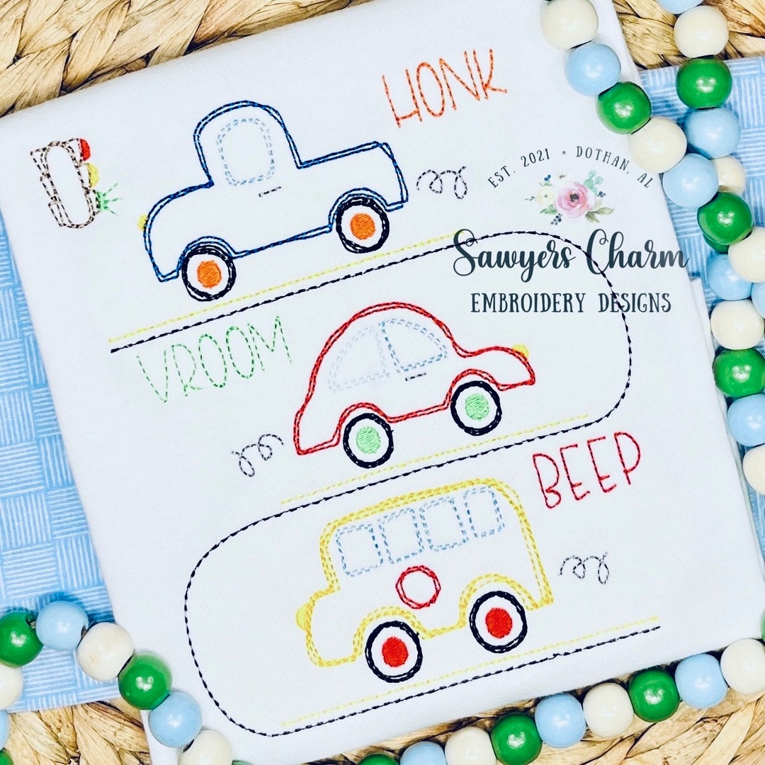 Squiggly Truck, Car, Bus Trio, Quick Stitch, Vintage Style, Bean Stitch ...
