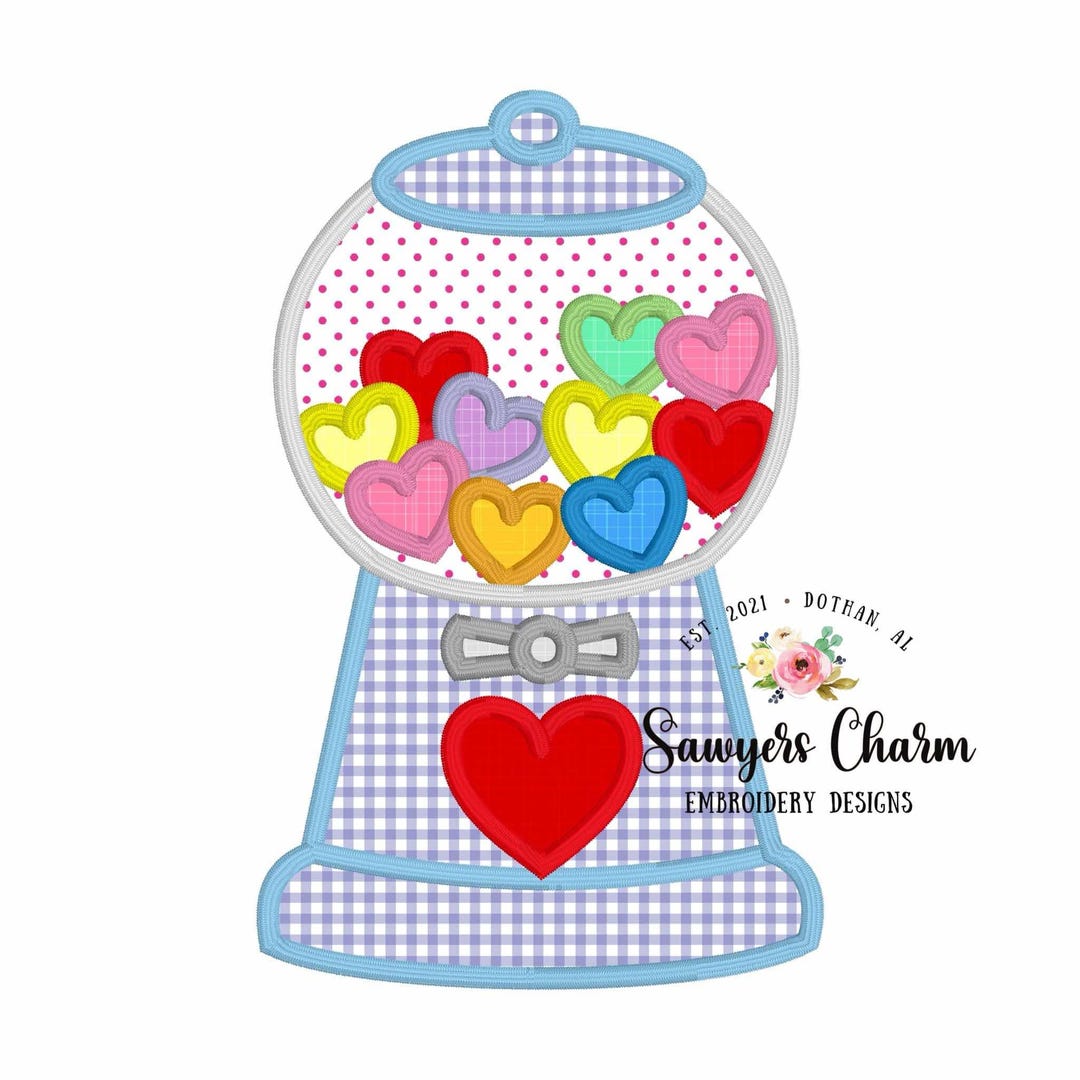 Heart Gumball Machine Satin Stitch Machine Applique, Embroidery Design ...