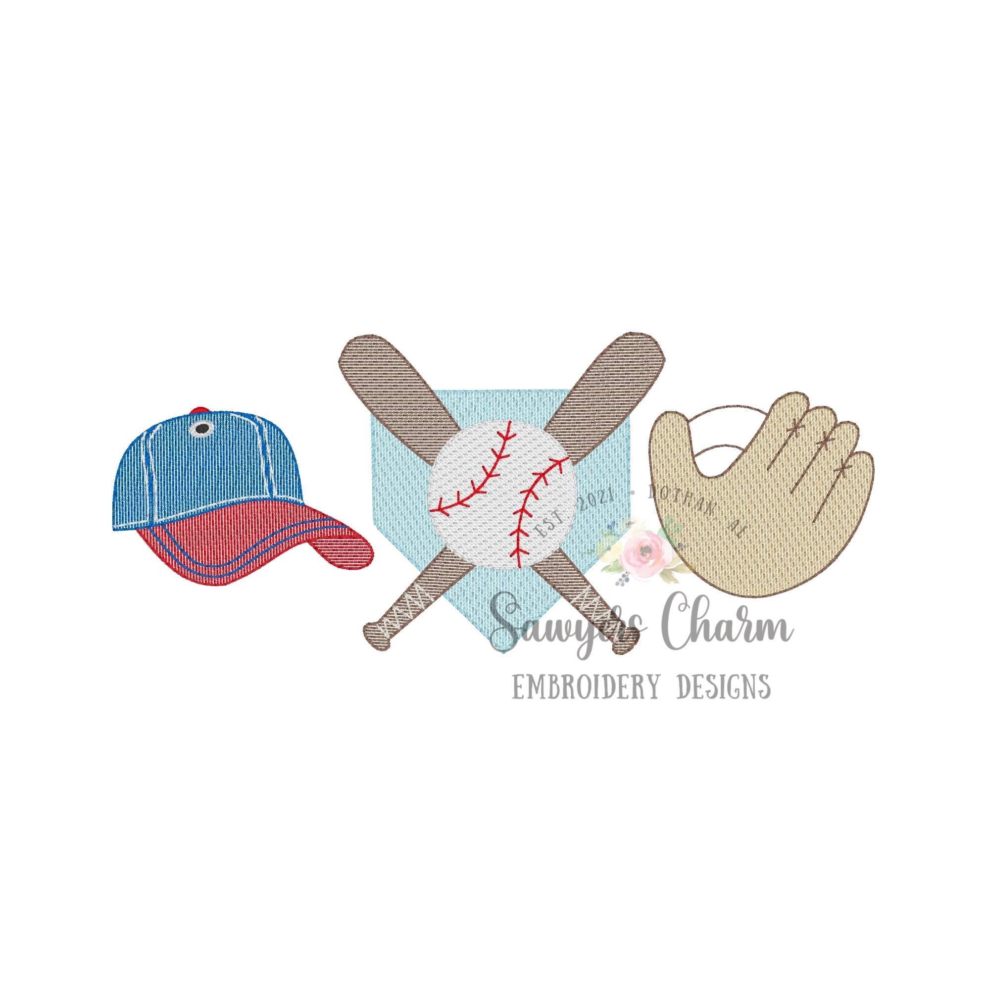 Ball Cap/hat, Baseball Bats Home Plate, Glove Sketch Stitch Trio ...