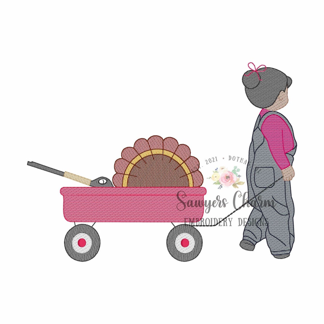 Little Girl Turkey Hunting Pulling Wagon With Bun Sketch Stitch Machine ...