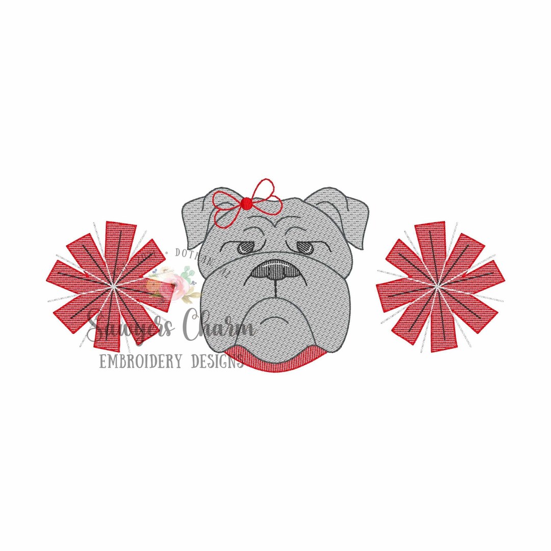 Pom Poms, Bulldog With Collar & Bow Trio, Sketch Stitch Embroidery ...