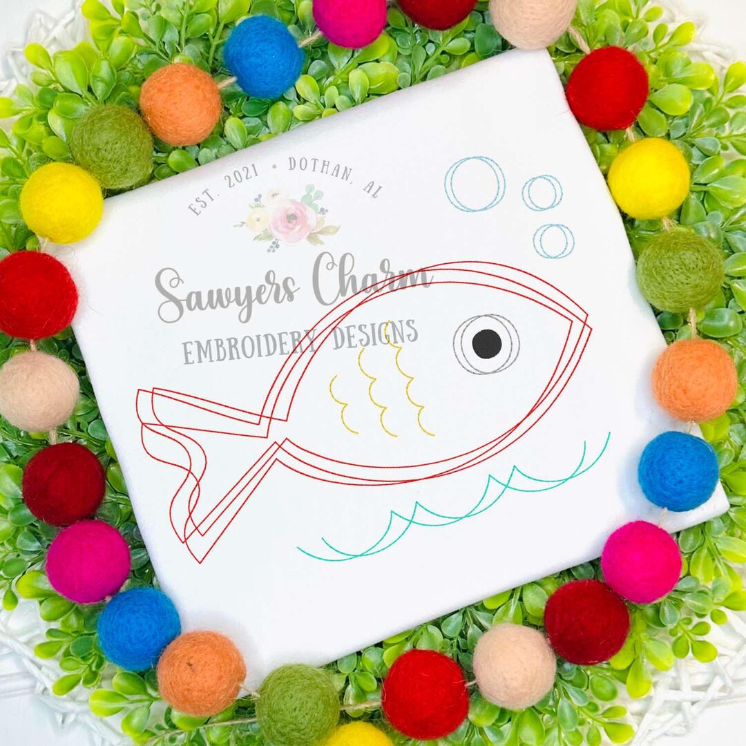 BUNDLE Squiggly Single Fish, Water With Bubbles, Bean Stitch Machine Embroidery Design File ...
