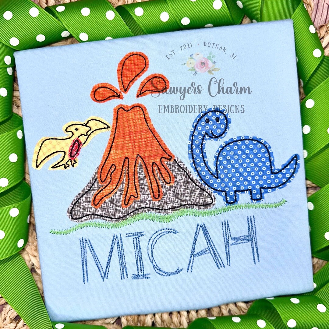 Dinosaur & Volcano Erupting Bean Stitch Applique, Machine Embroidery ...