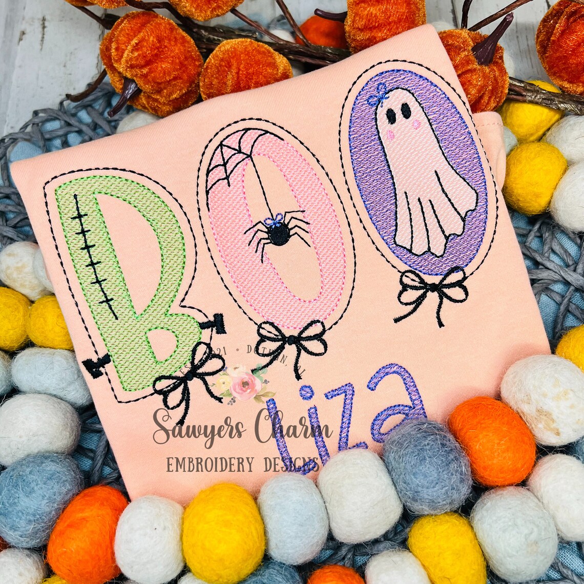 BOO Girl With Bows Sketch Stitch Machine Embroidery Design File, Fall ...
