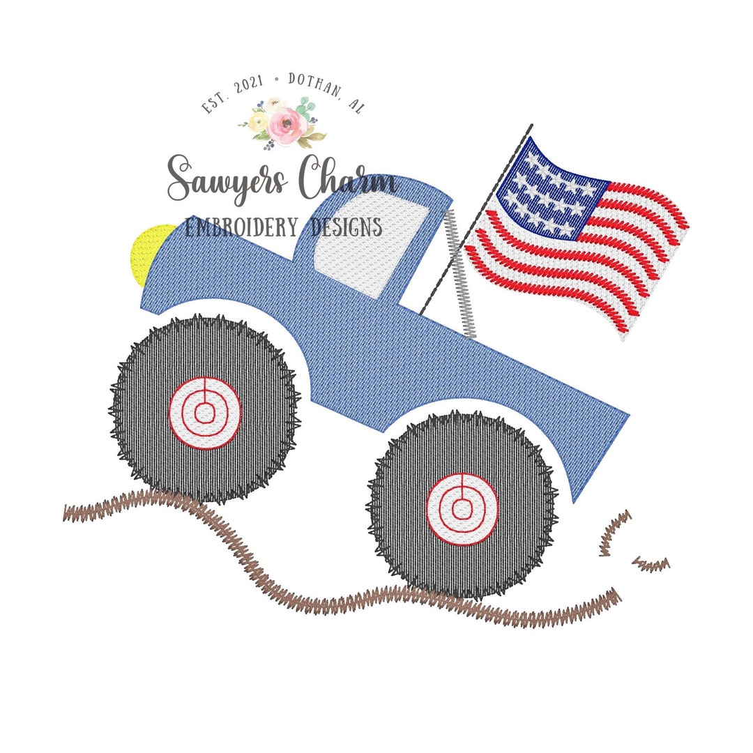 Patriotic Monster Truck With American Flag Sketch Stitch, Machine Embroidery Design, Bean Stitch ...