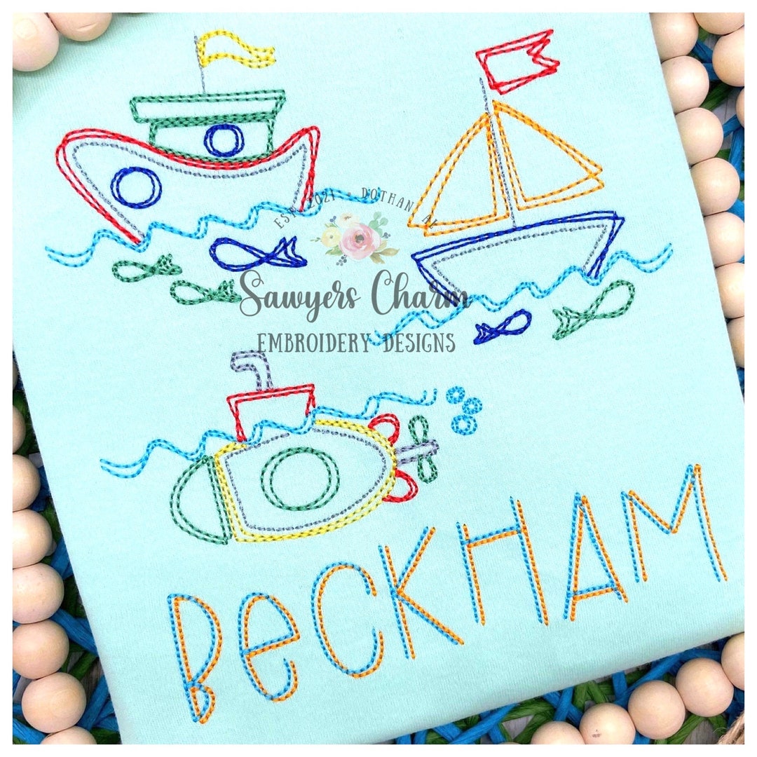Squiggly Boats Trio With Fish Bean Stitch Machine Embroidery Design File, Quick Stitch, Tug Boat ...