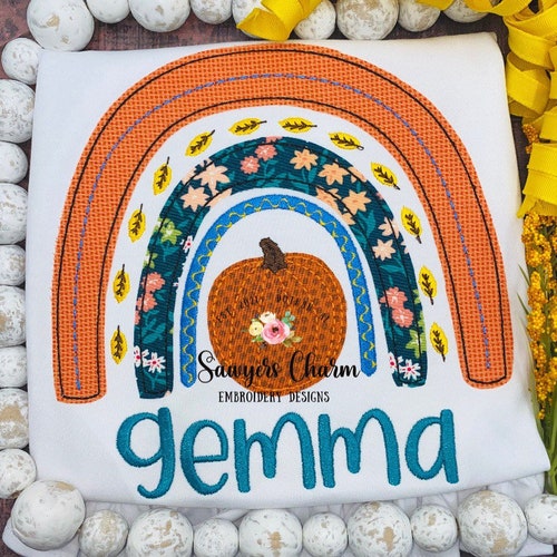 Fall/autumn Boho Pumpkin Rainbow With Leaves Machine Applique - Etsy