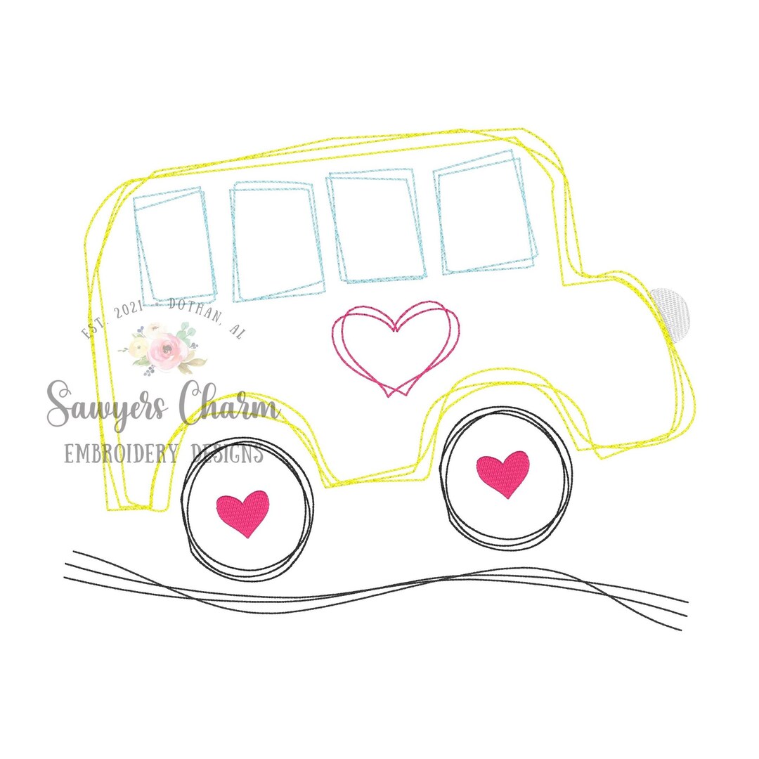 Squiggly Back to School Bus With Hearts, Bean Stitch Embroidery Design ...