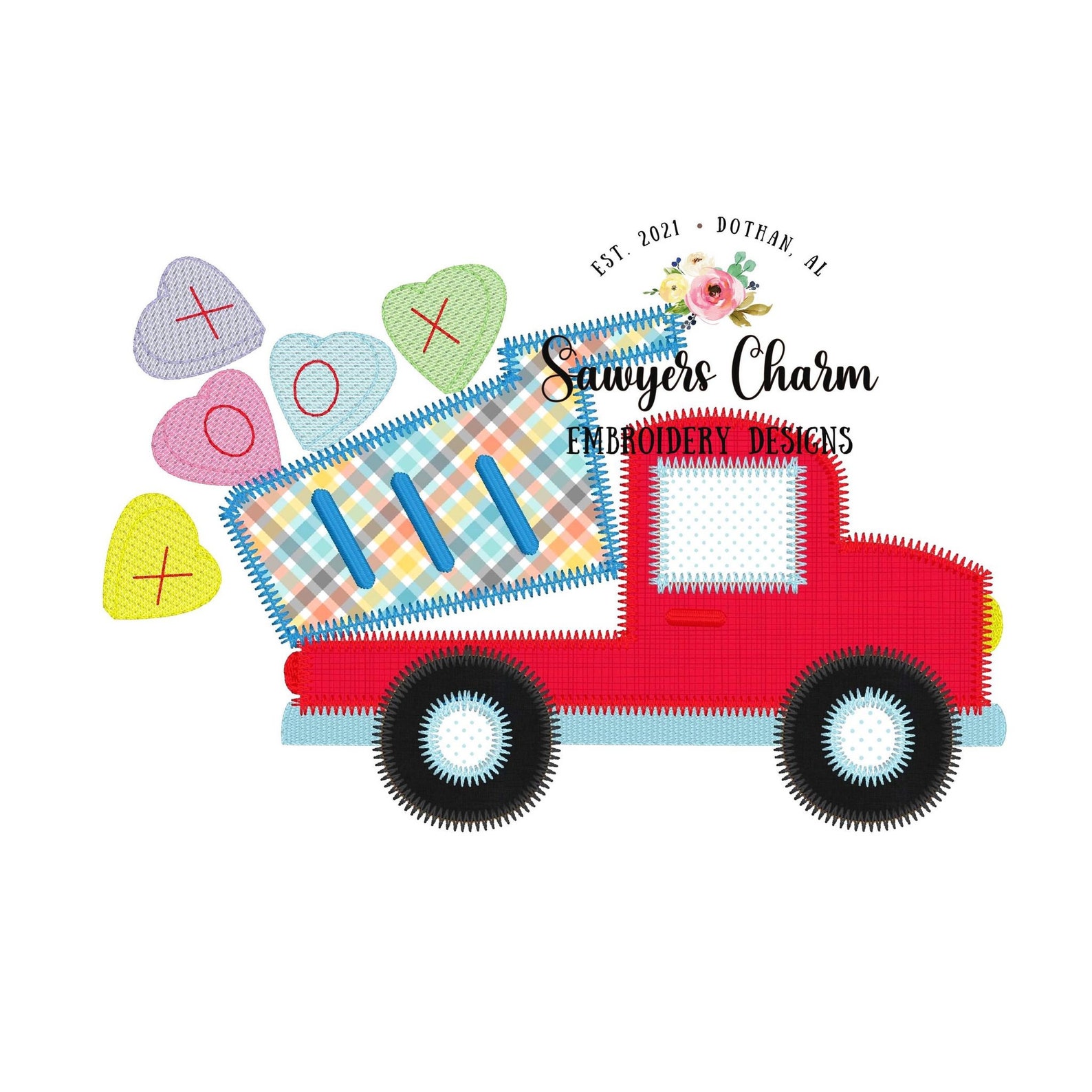 Conversation Candy Hearts Dump Truck Zigzag Stitch Applique, Embroidery ...