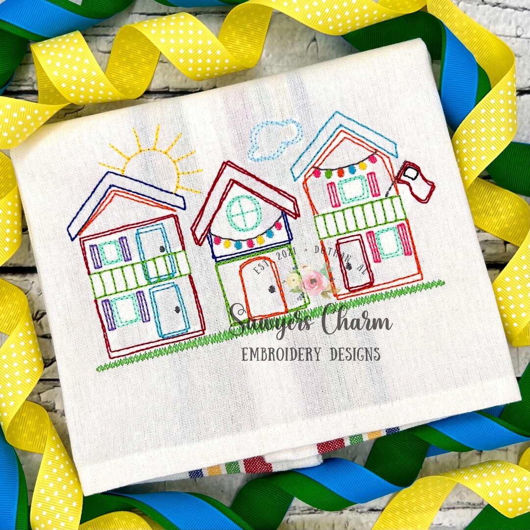 Colorful Cabins Trio Bean Stitch Machine Embroidery Design File, Quick Stitch, County Fair, Flag ...