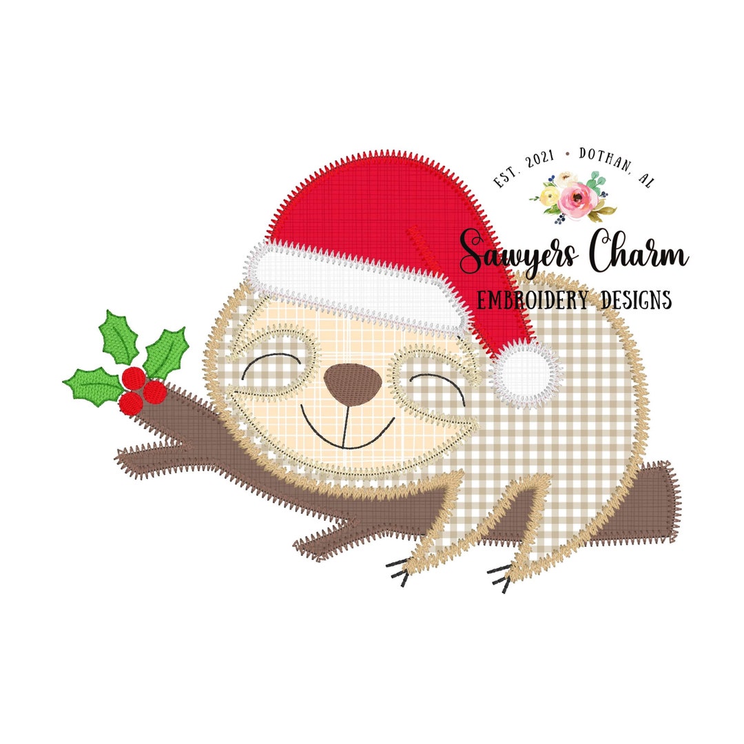 Christmas Sloth, Santa Hat Holly Berries Zigzag Applique, Machine ...