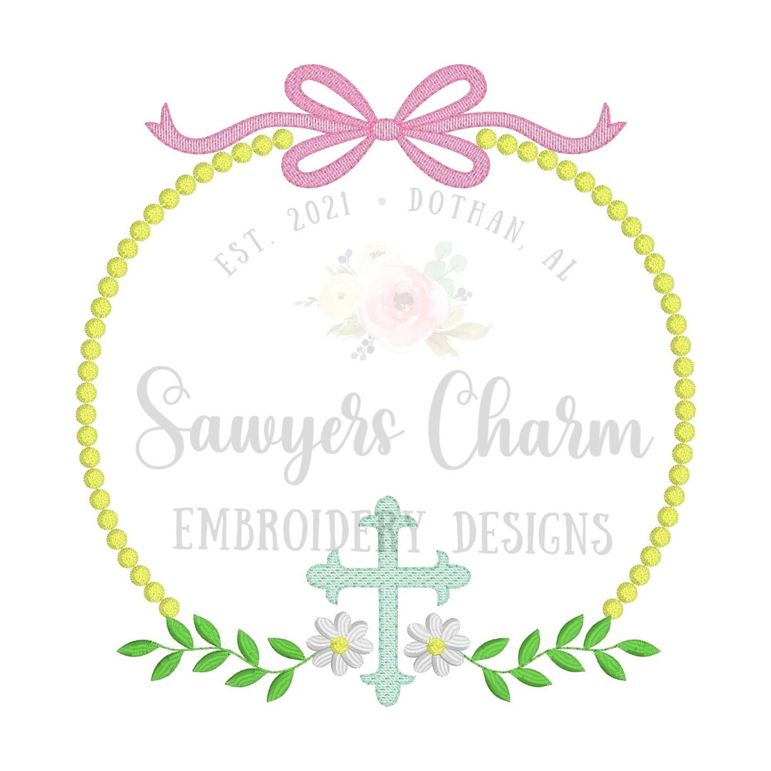 Floral Cross Monogram Frame With Bow, Satin Stitch/sketch Stitch ...