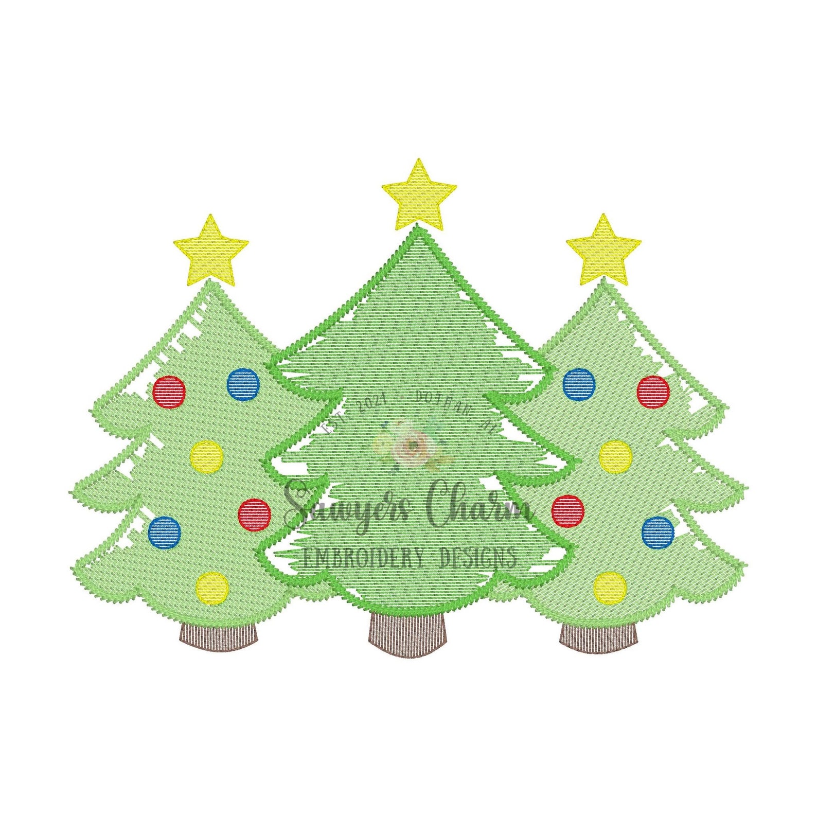 BUNDLE Christmas Tree Trio With Bows & Stars Watercolor Sketch Stitch ...