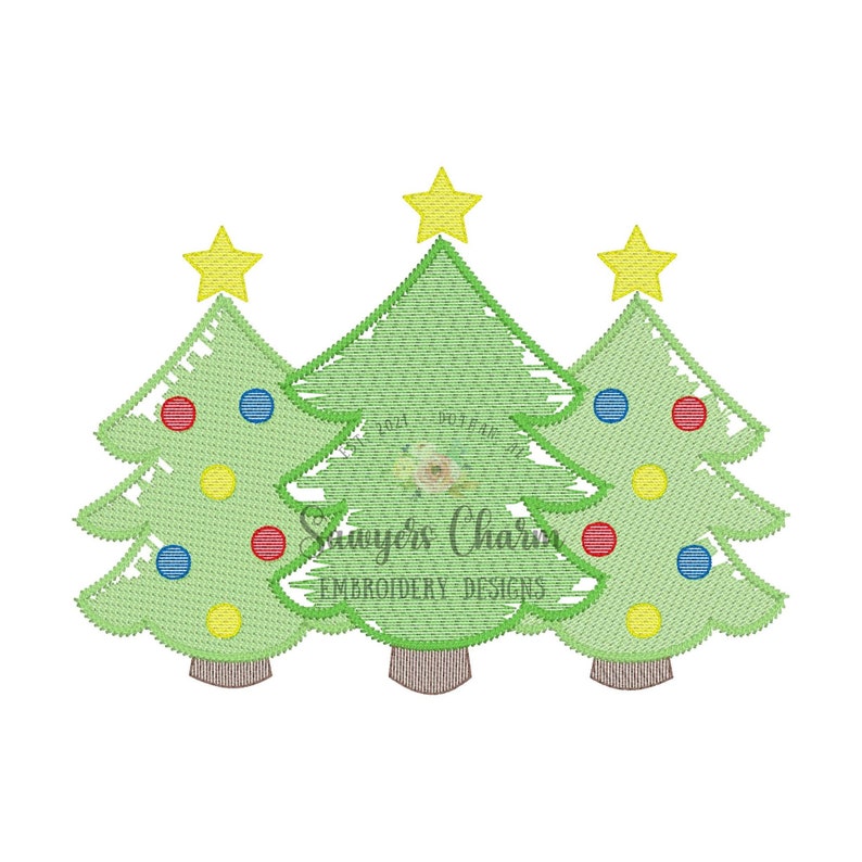 BUNDLE Christmas Tree Trio With Bows & Stars Watercolor Sketch Stitch ...
