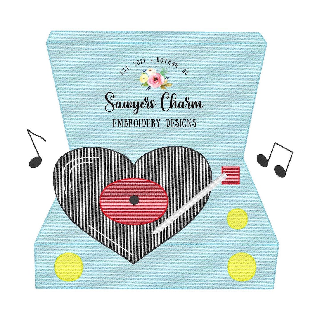Heart Record Player Sketch Stitch Machine Embroidery Design File ...