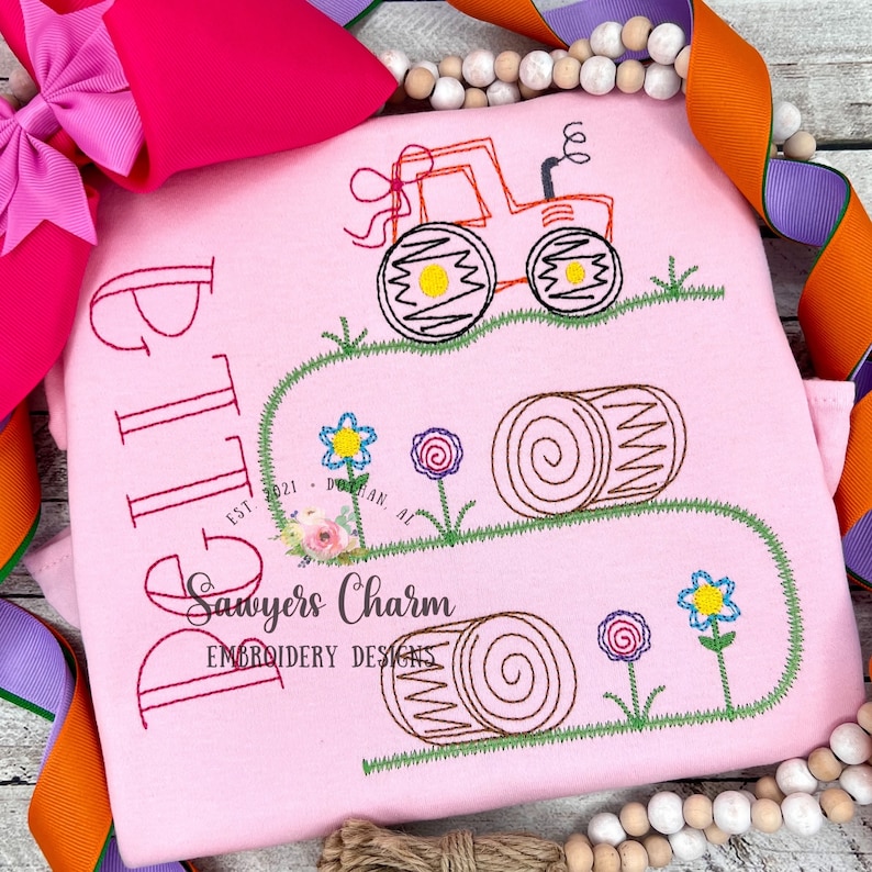 Squiggly Tractor Hay Bales Trio With Bow and Flowers Bean Stitch ...