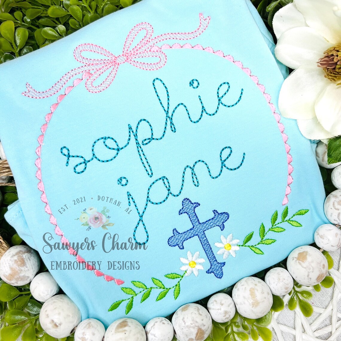 Floral Cross Monogram Frame With Coquette Bow, Satin Stitch/sketch ...