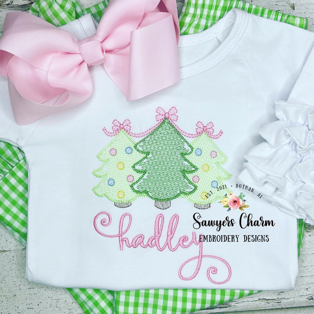 BUNDLE Christmas Tree Trio With Bows & Stars Watercolor Sketch Stitch ...