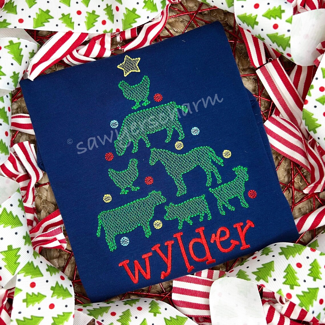 Farm Animals Christmas Tree With Star Sketch Stitch Machine Embroidery ...