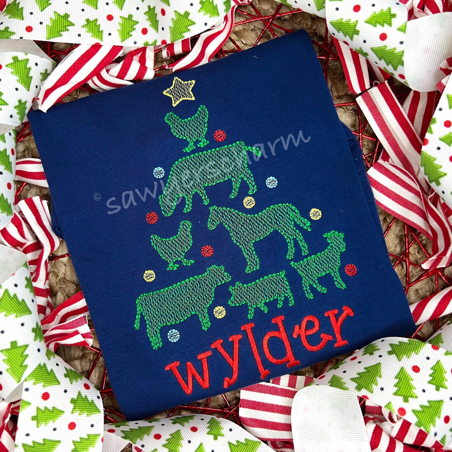 Farm Animals Christmas Tree With Star Sketch Stitch Machine Embroidery ...