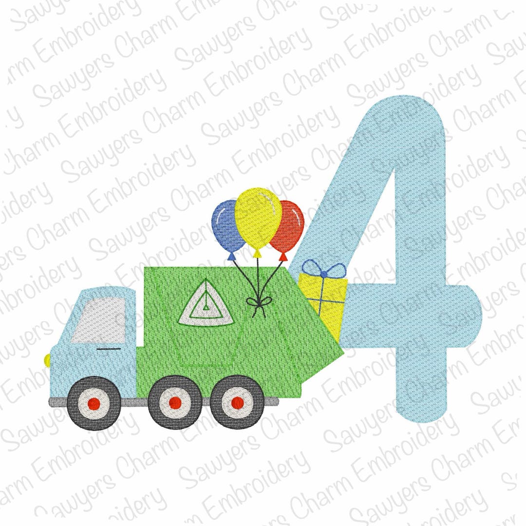 Garbage Truck With Number FOUR & Birthday Balloons Sketch Stitch ...