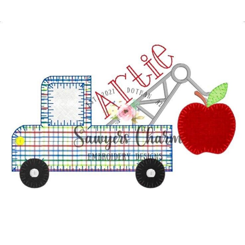 Back to School Apple Tow Truck Machine Applique Design | Etsy