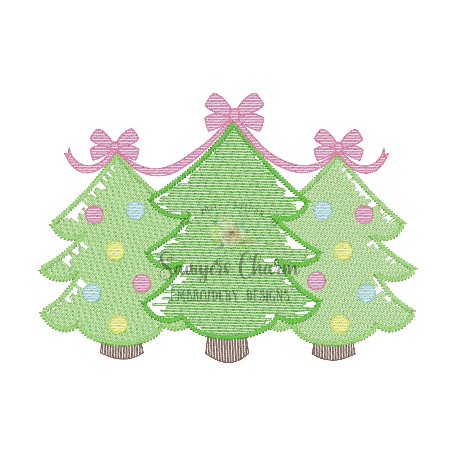 BUNDLE Christmas Tree Trio With Bows & Stars Watercolor Sketch Stitch ...