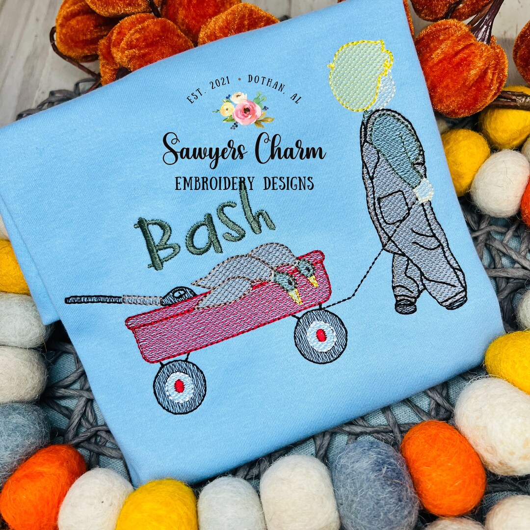 Little Boy Duck Hunting Pulling Wagon Sketch Stitch Machine Embroidery ...