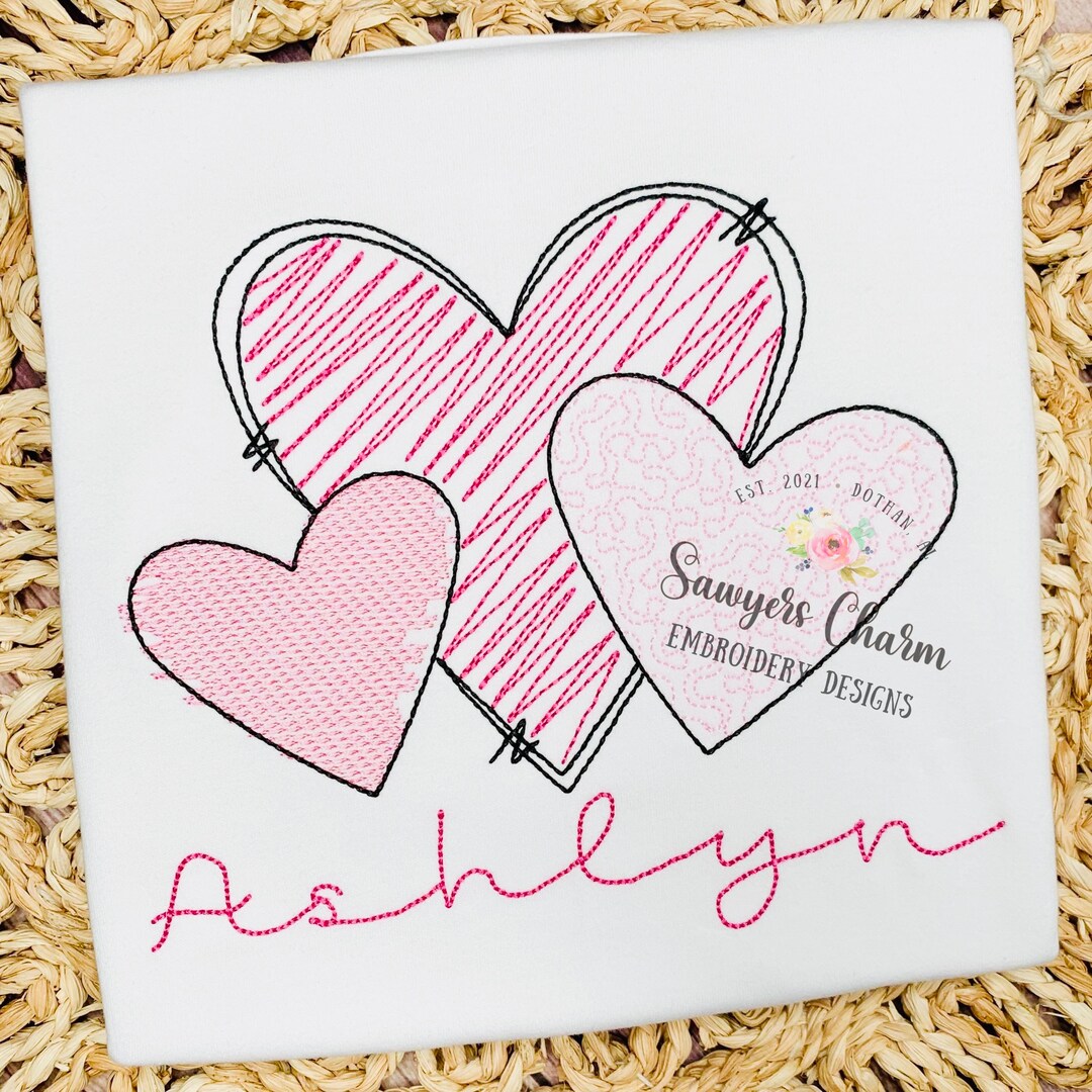 Scribble Hearts Trio Sketch Stitch, Machine Embroidery Design File ...