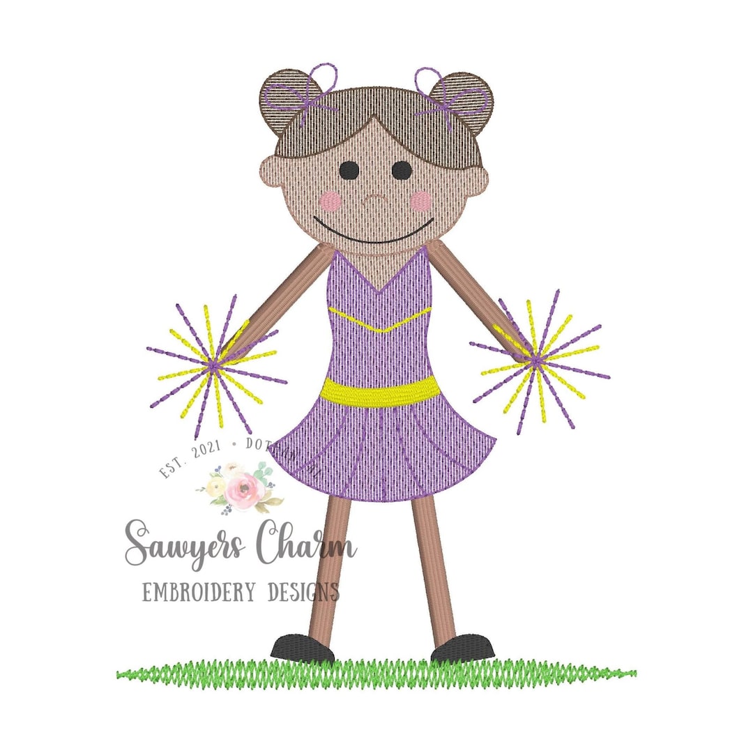 Cheerleader With Buns & Pompoms Sketch Stitch Machine Embroidery Design ...
