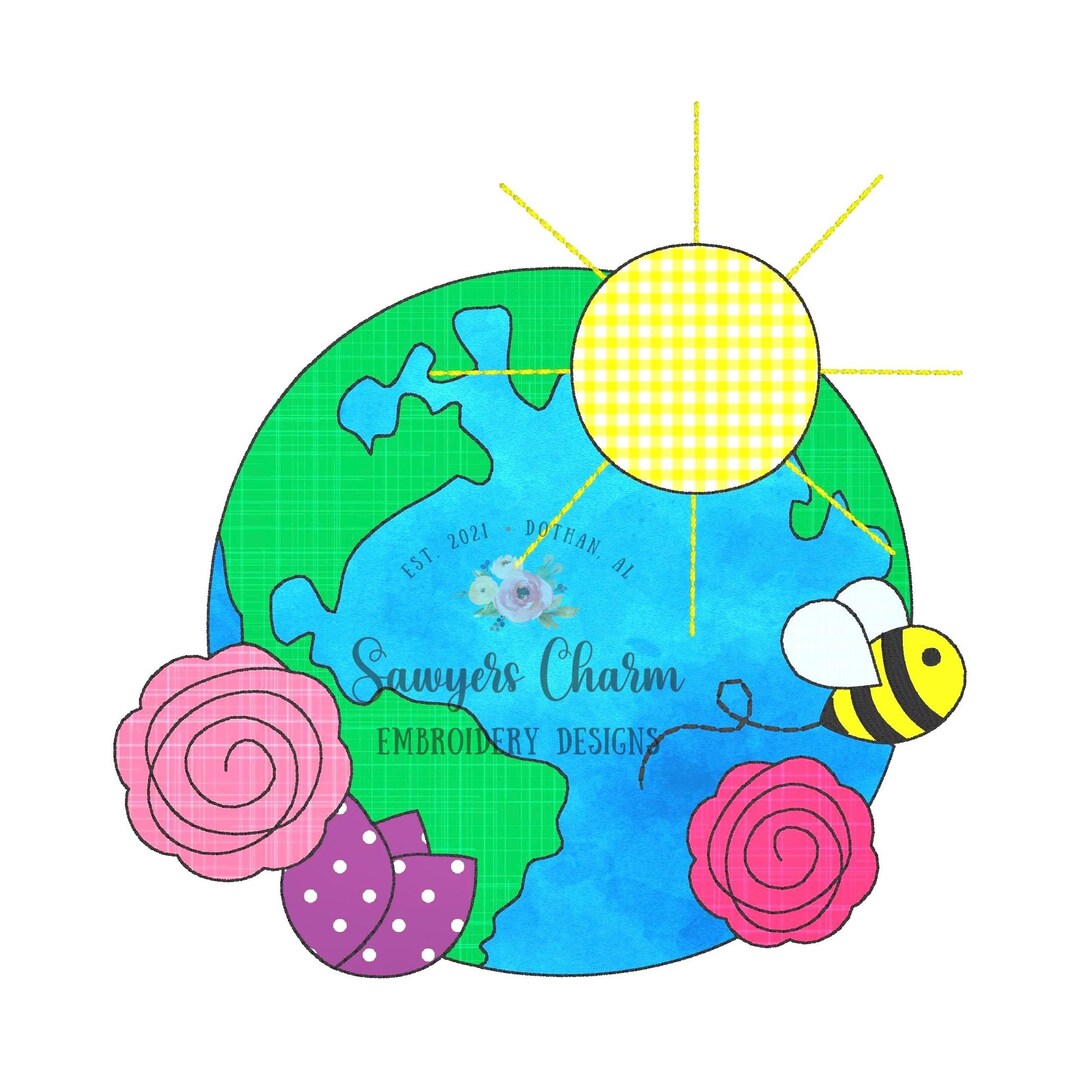 Earth With Flowers, Bee, & Sun Bean Stitch Applique Machine Embroidery ...