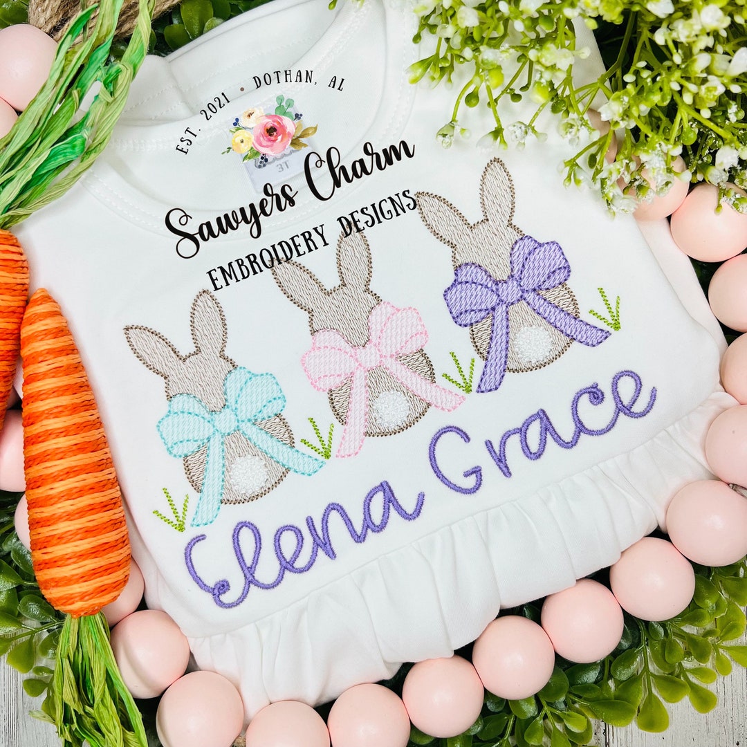 Easter Bunnies With Coquette Bow in Grass Sketch Stitch Trio Machine ...