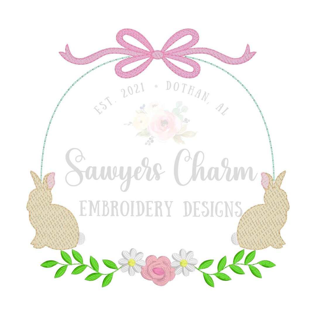 Floral Bunny Monogram Frame With Bow, Satin Stitch/sketch Stitch ...