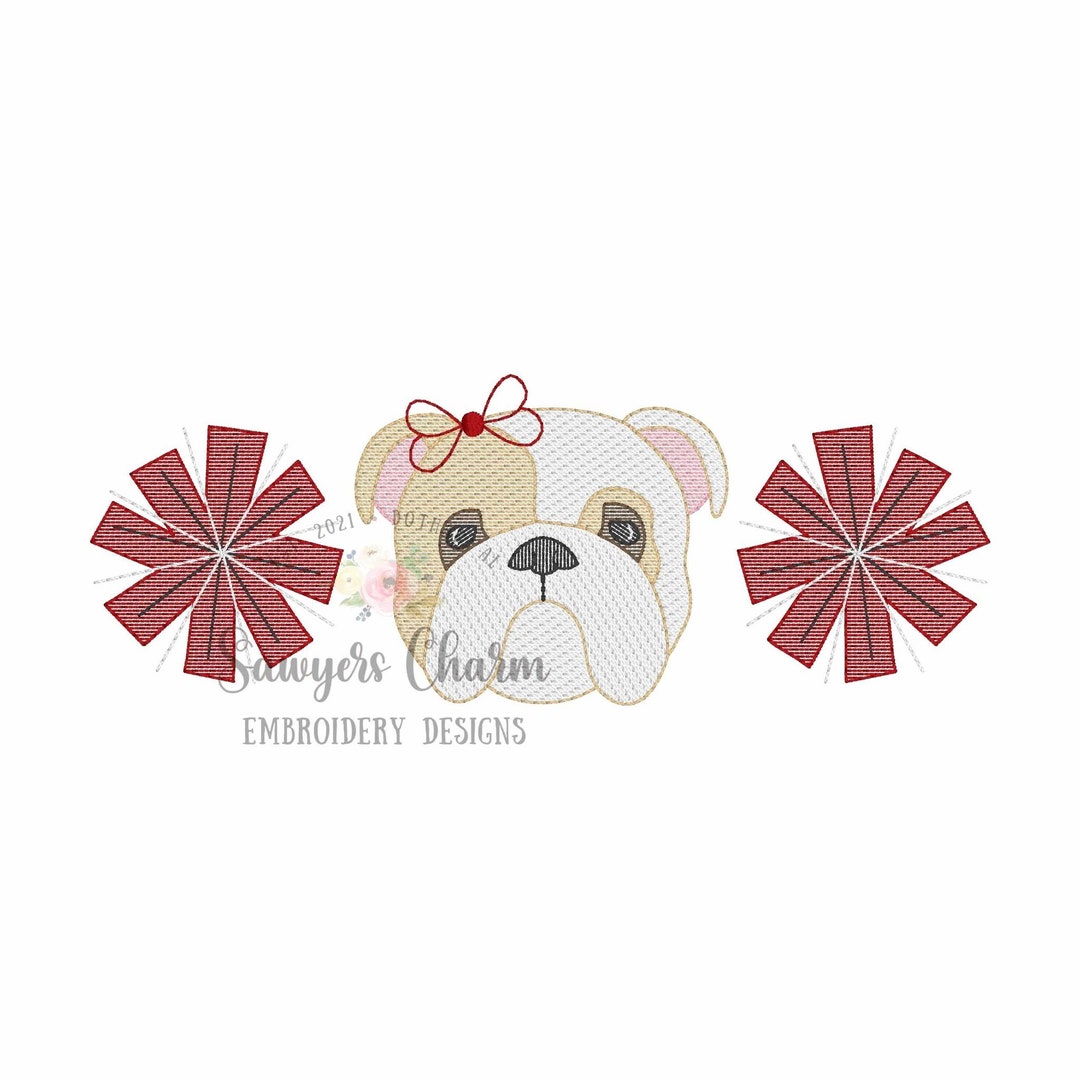 Pom Poms, Two Color Bulldog With Bow Trio, Sketch Stitch Embroidery ...