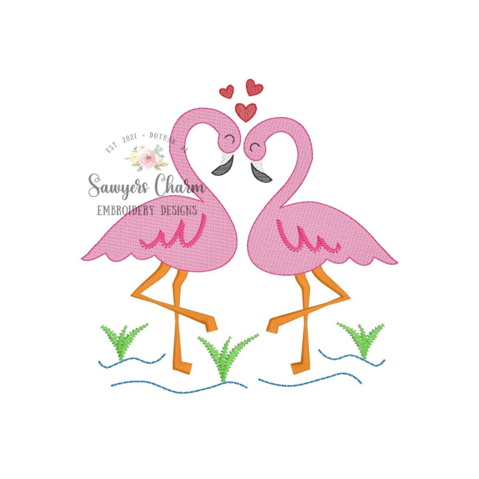 Pair of Flamingos With Hearts Sketch Stitch Machine Embroidery Design ...