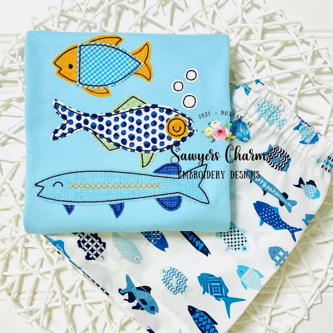 Fish Trio Bean Stitch Machine Applique Design Embroidery File, Fishing ...