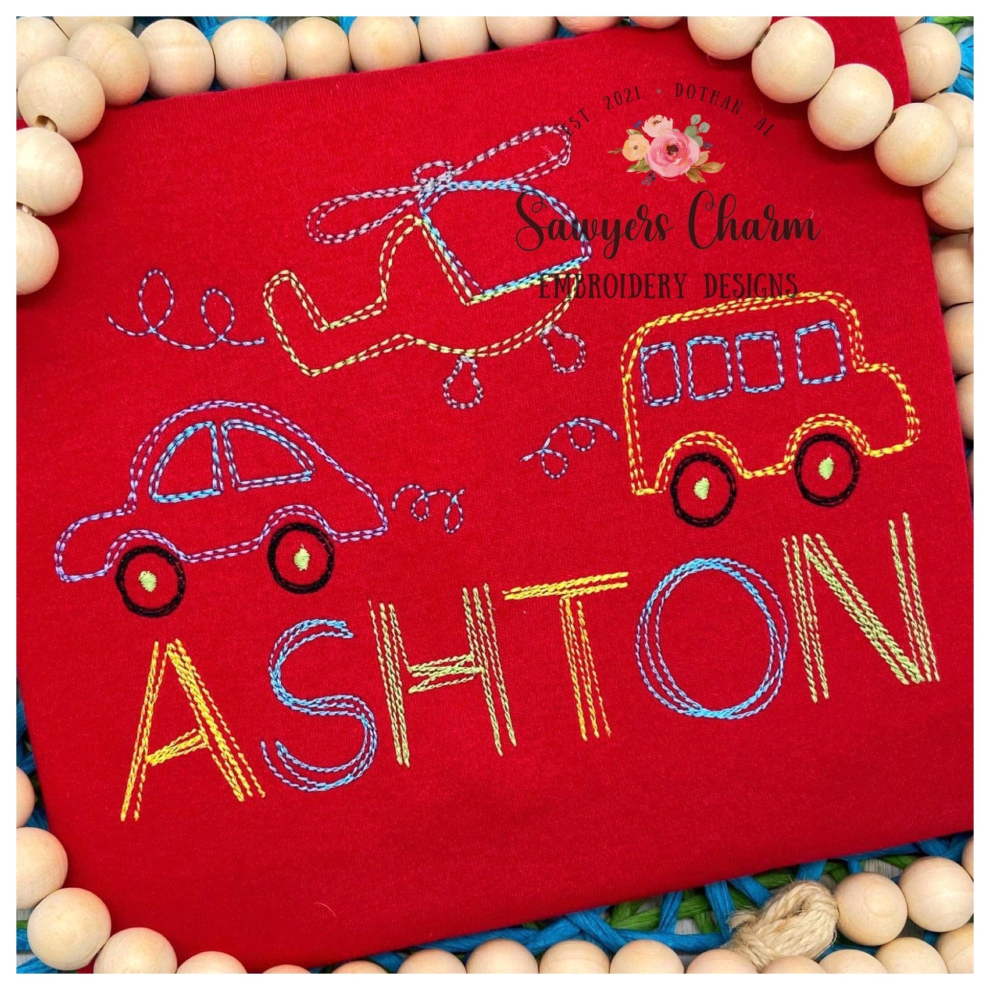 Squiggly Transportation Vehicles Trio Quick Stitch, Vintage Style, Bean ...