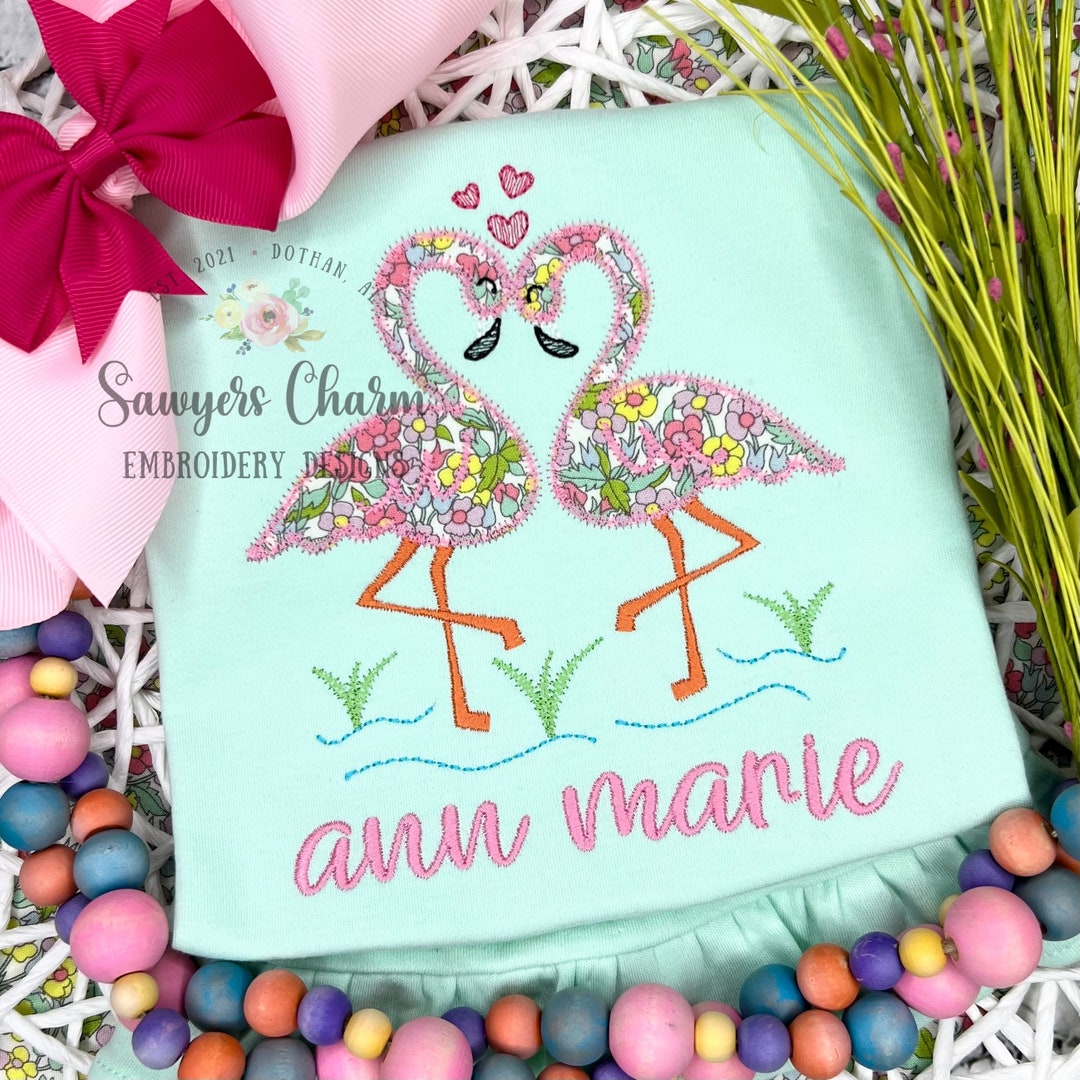 Pair of Flamingos With Hearts Zig Zag Stitch Machine Applique ...