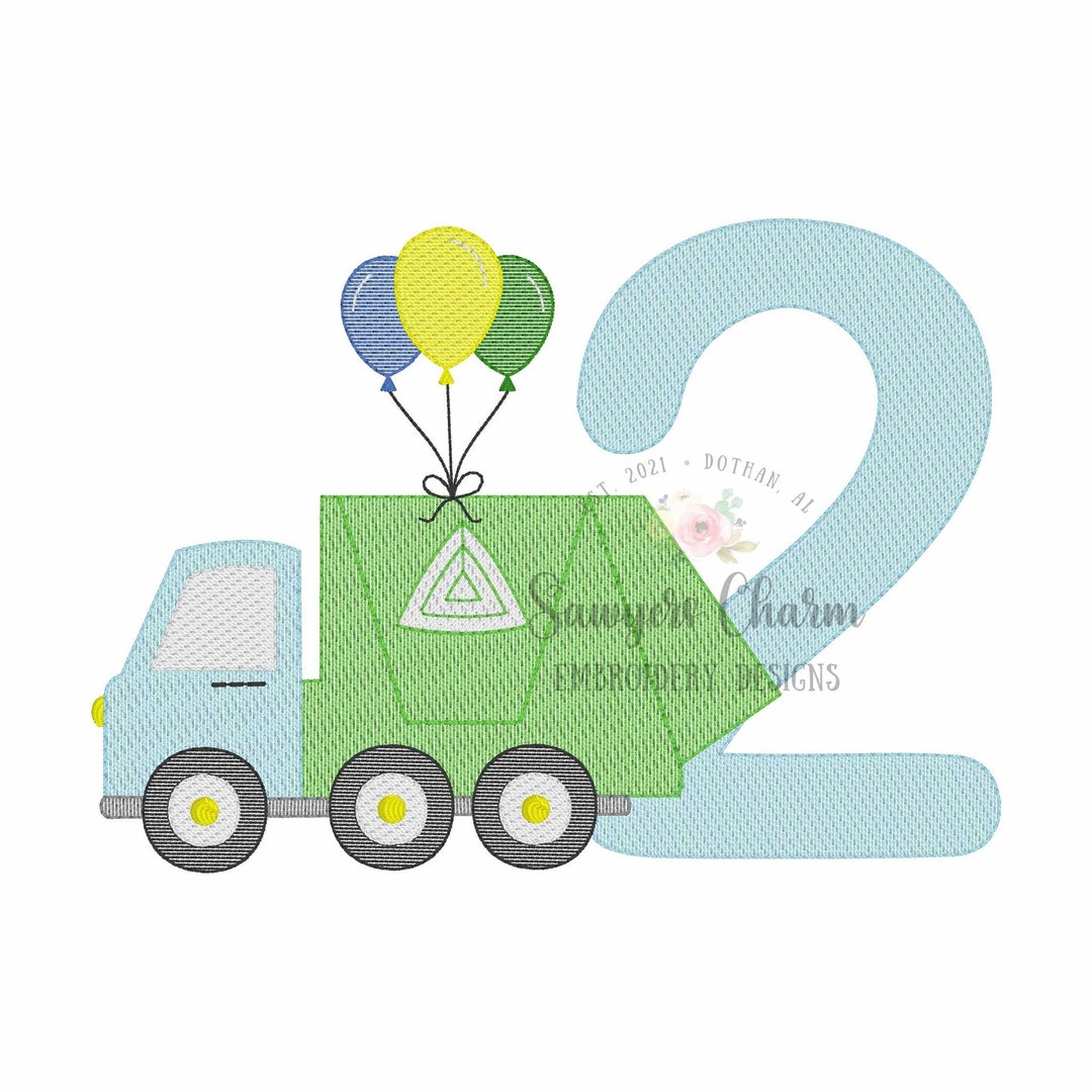 Garbage Truck With Number TWO & Birthday Balloons Sketch Stitch Machine ...