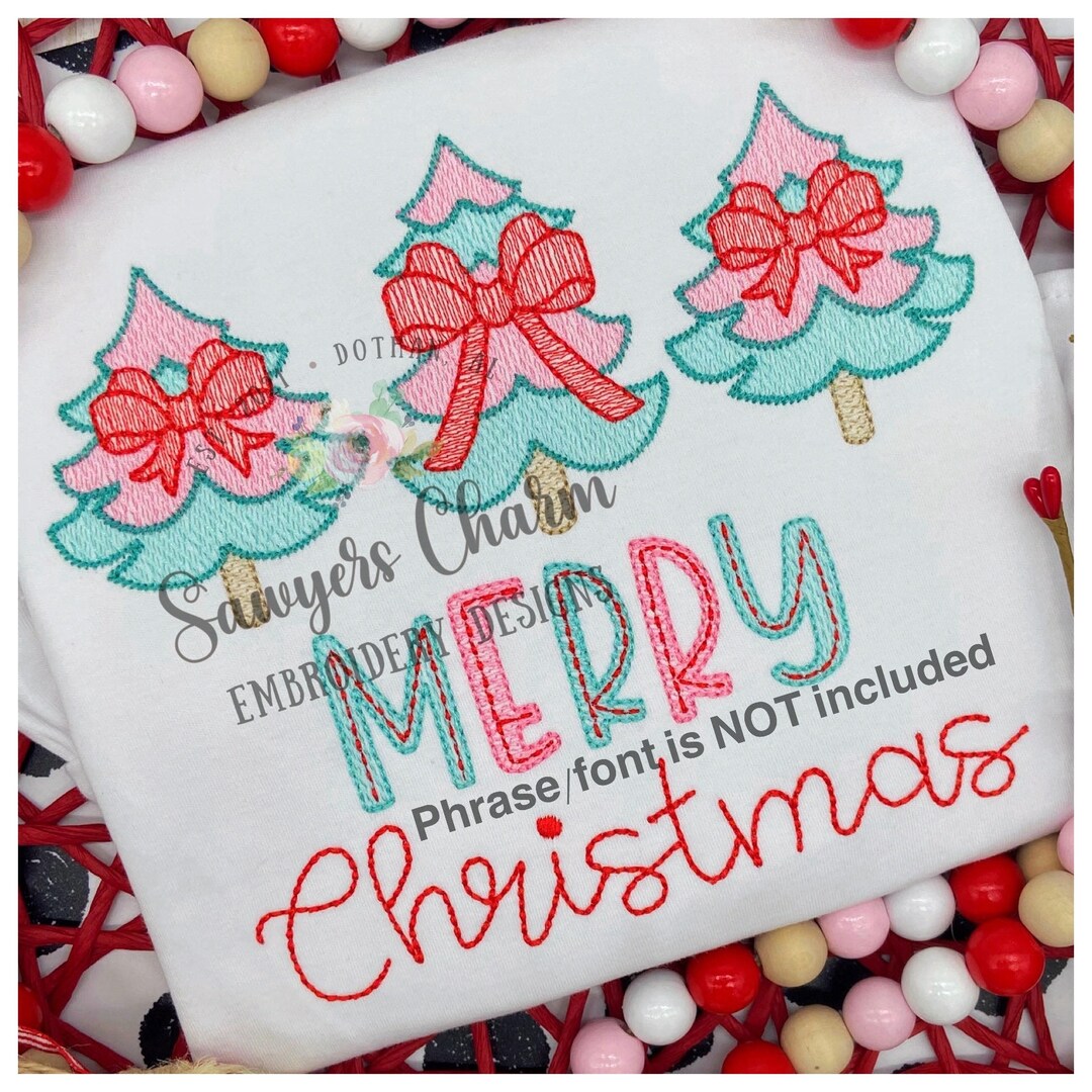 Whimsy Christmas Trees With Bows Sketch Stitch Trio, Machine Embroidery ...