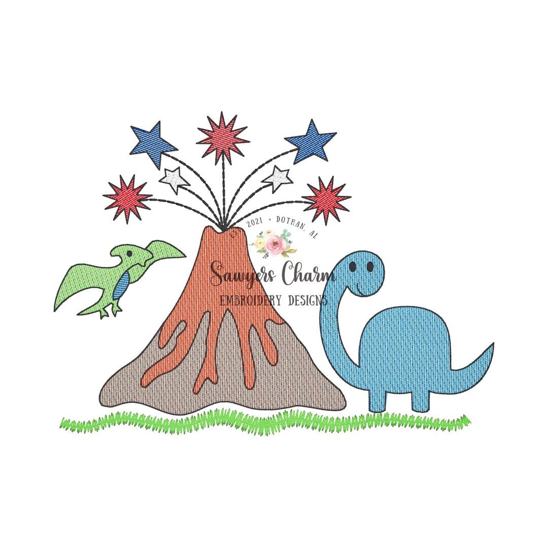 Patriotic Dinosaur & Volcano With Fireworks Sketch Stitch Machine ...
