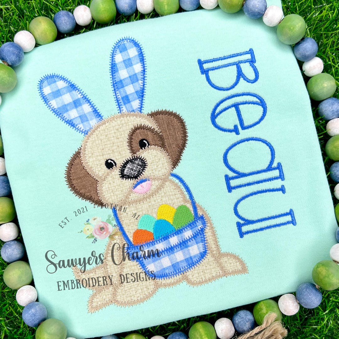 BUNDLE Easter Dog/puppy With Basket of Eggs & Bunny Ears Zigzag Stitch ...