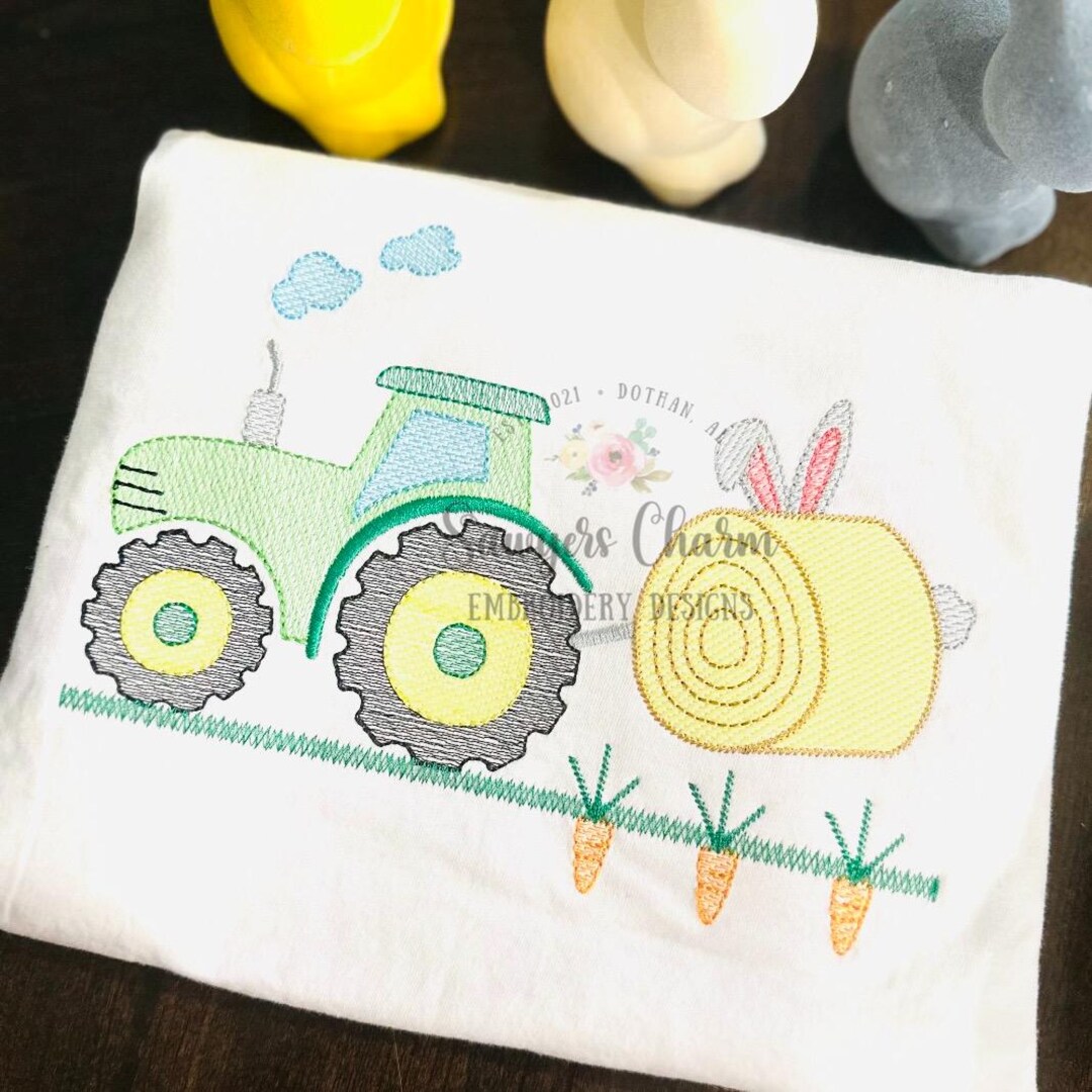 Easter Tractor With Egg Hay Bale, Bunny Ears, & Carrots Sketch Stitch ...