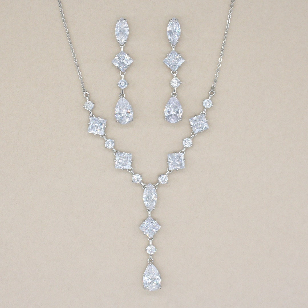 Silver Bridal Necklace Earrings Set Bridal Jewelry Set Wedding - Etsy